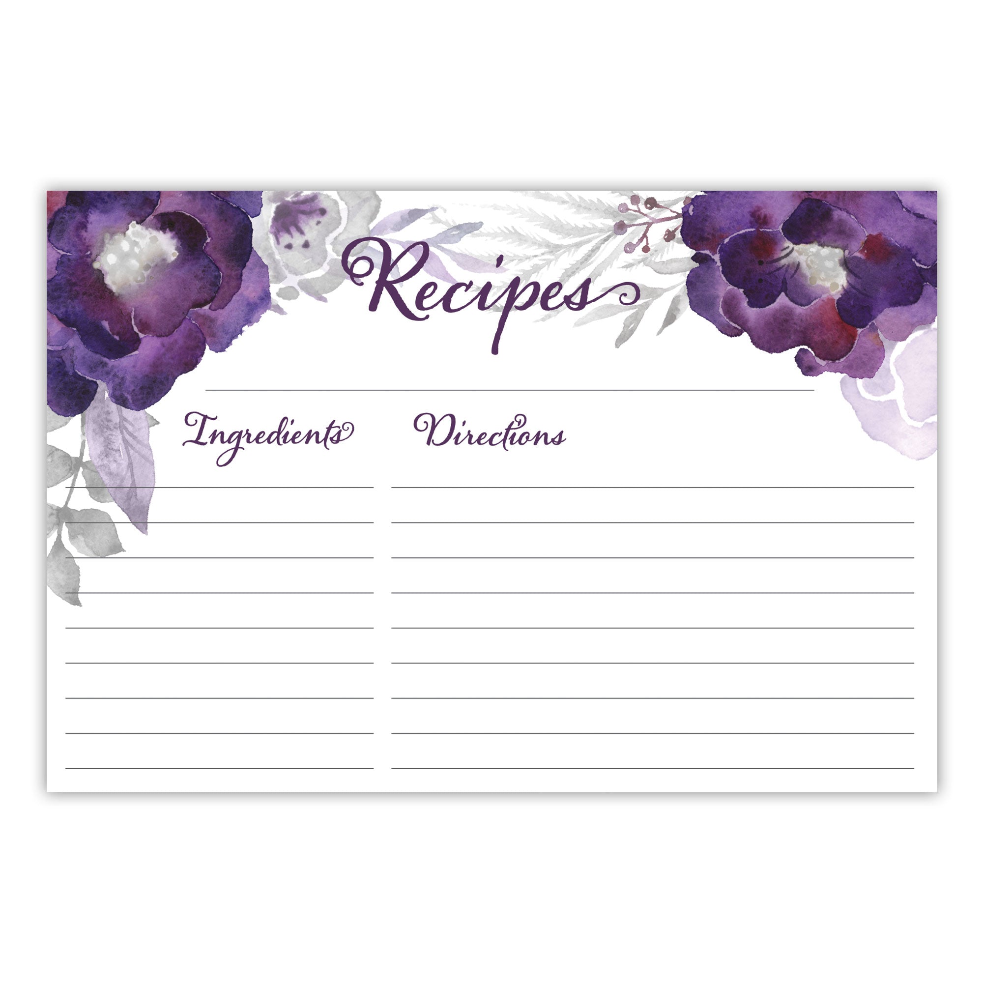 Purple Floral Recipe Cards, Set of 48 Cards, 4x6 for Double Sided ...