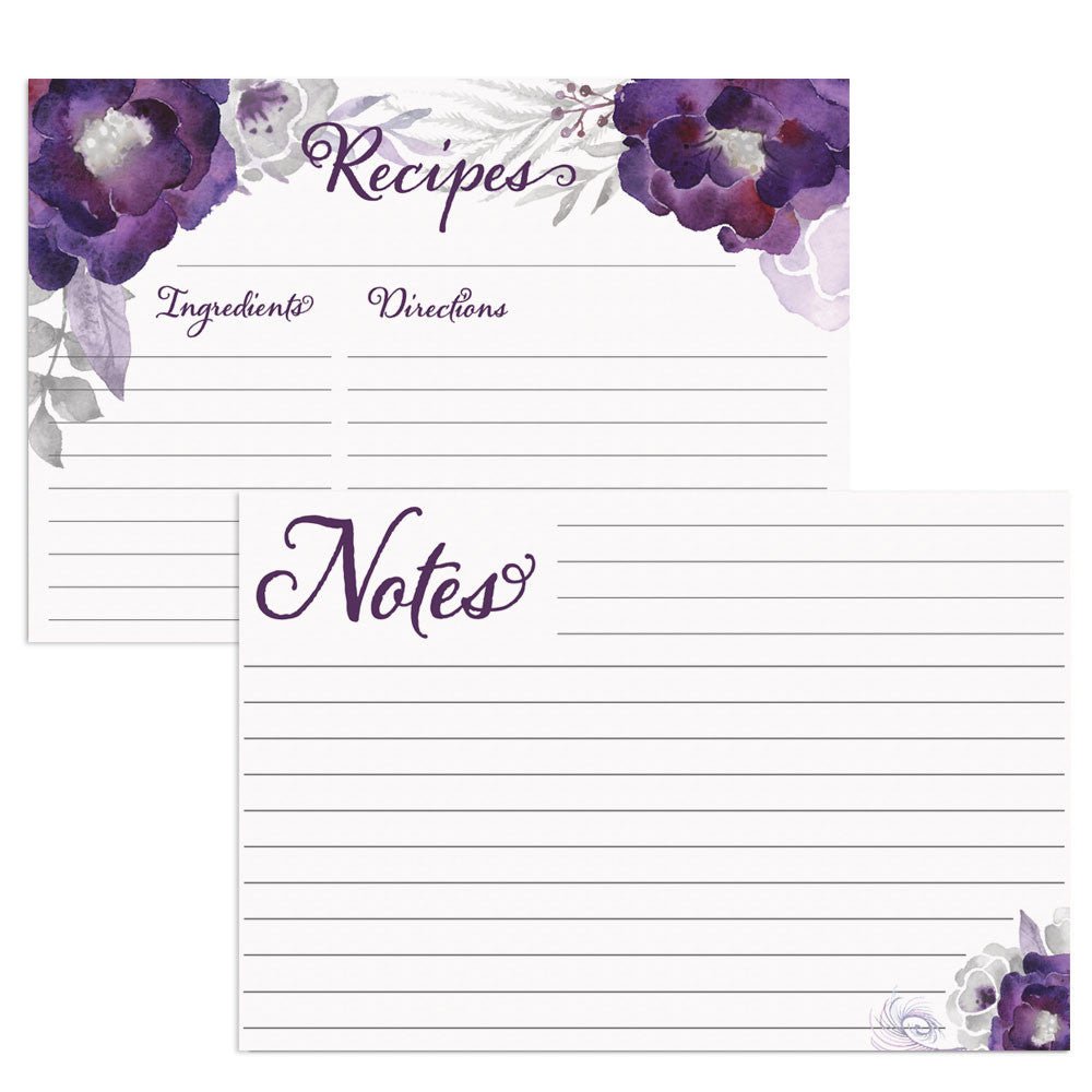Purple Floral Recipe Cards, Set of 48 Cards, 4x6 for Double Sided ...